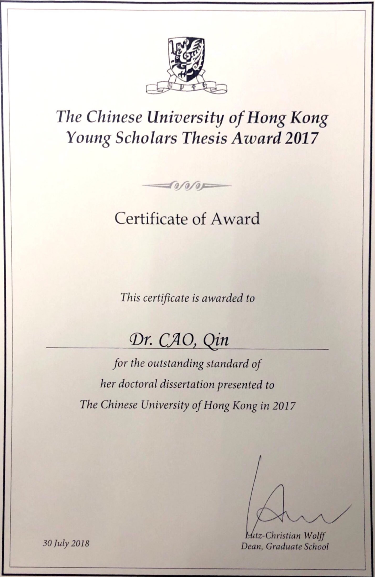 Ms. Cao Qin has received the CUHK Young Scholar Thesis Award 2018 ... Ms. Cao Qin has received the CUHK Young Scholar Thesis Award 2018 ...